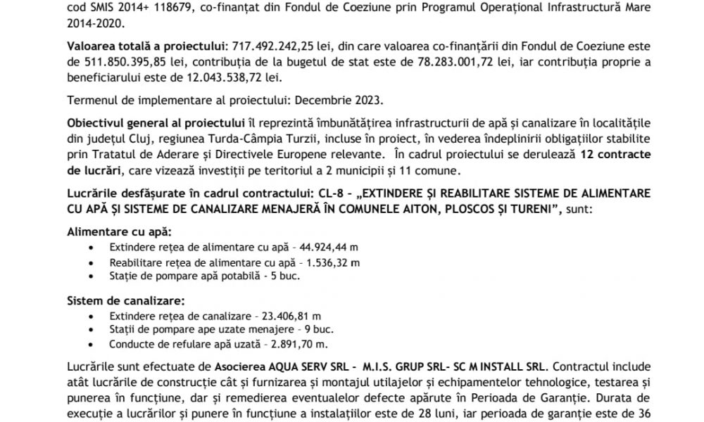 Contractul CL-8 „EXTINDERE ȘI REABILITARE SISTEME DE ALIMENTARE CU APĂ ...
